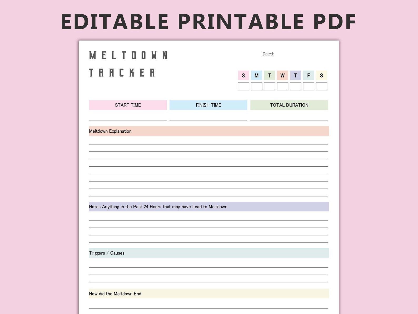 Editable Meltdown Tracker, Meltdown and Behaviour Tracker Templates ...