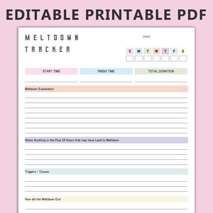 Editable Meltdown Tracker, Meltdown and Behaviour Tracker Templates ...