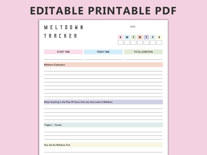 Editable Meltdown Tracker, Meltdown and Behaviour Tracker Templates ...