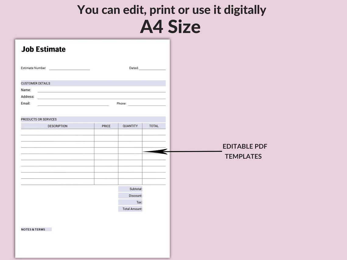 Editable and Printable Estimate Form, Business Job Estimate, Easy and ...