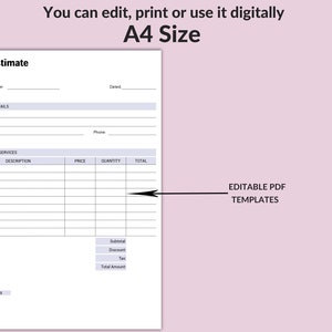 Editable and Printable Estimate Form, Business Job Estimate, Easy and ...