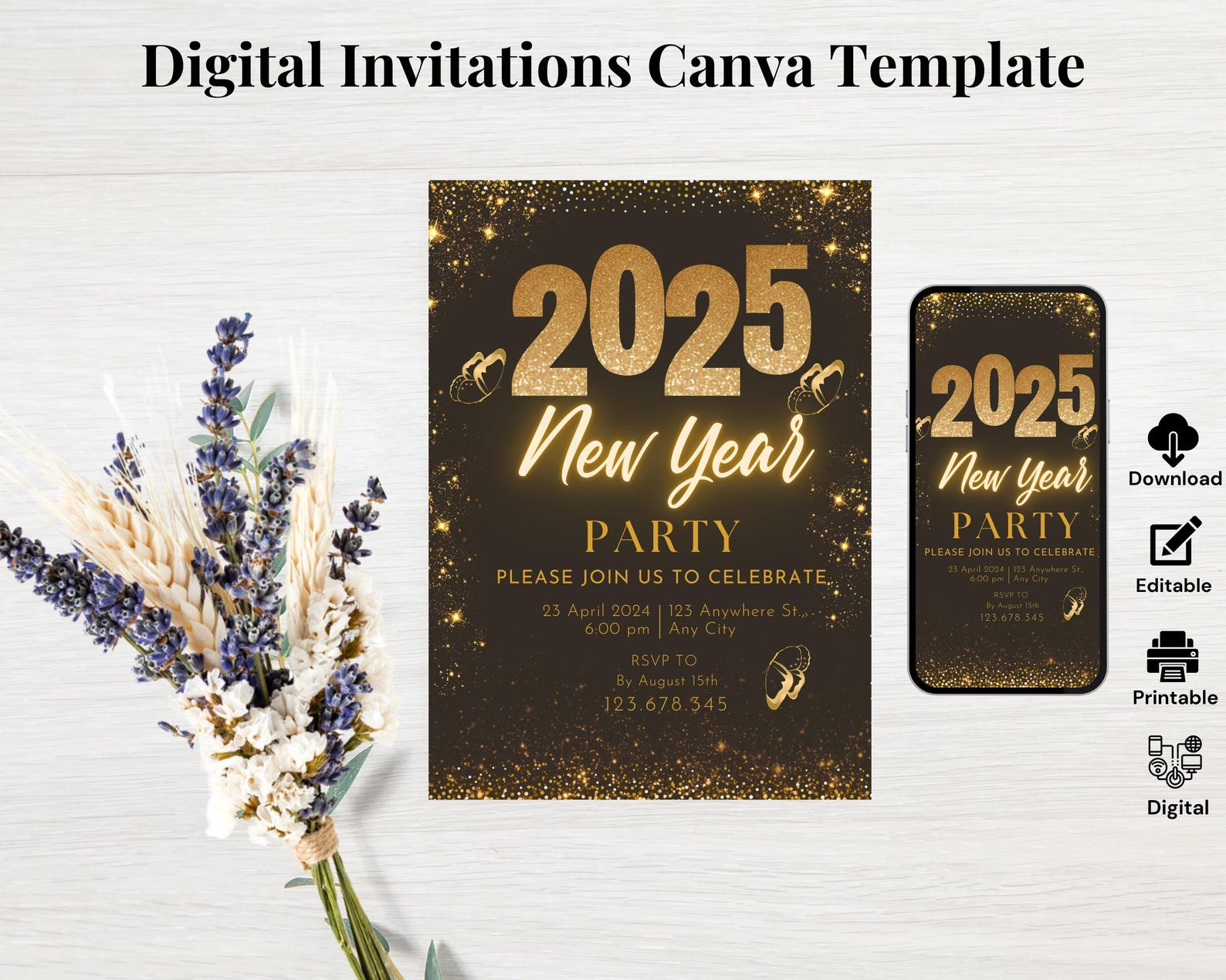 Editable New Year Invitation, 2025 New Year Invitation, Digital New ...