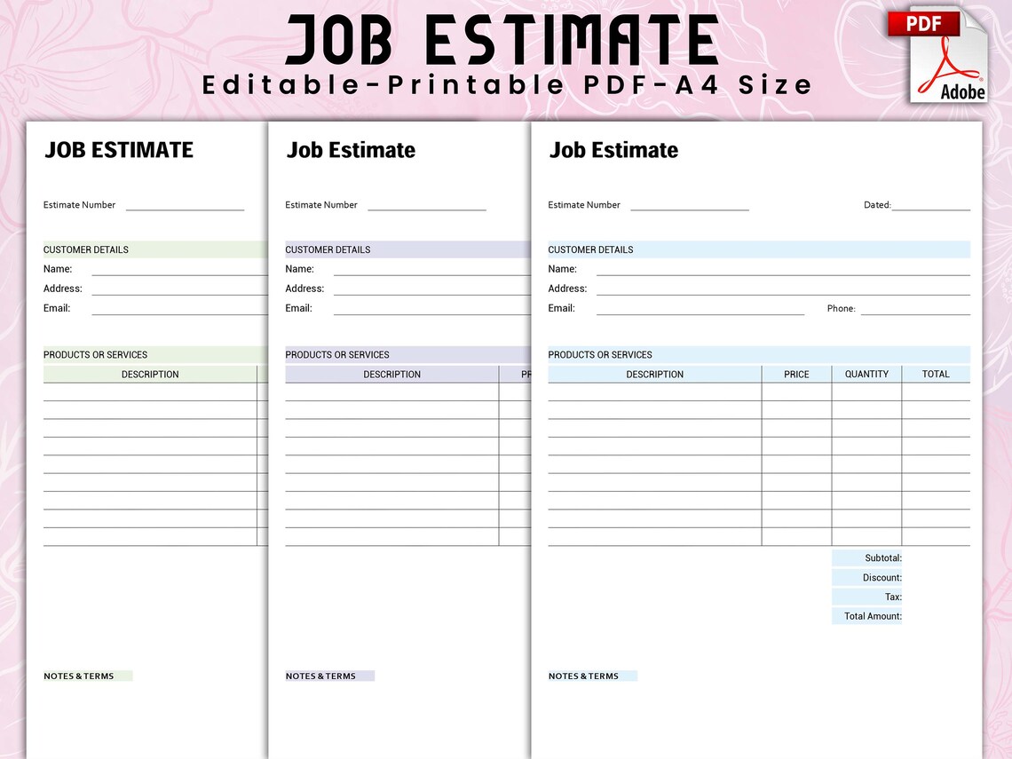 Editable and Printable Estimate Form, Business Job Estimate, Easy and ...