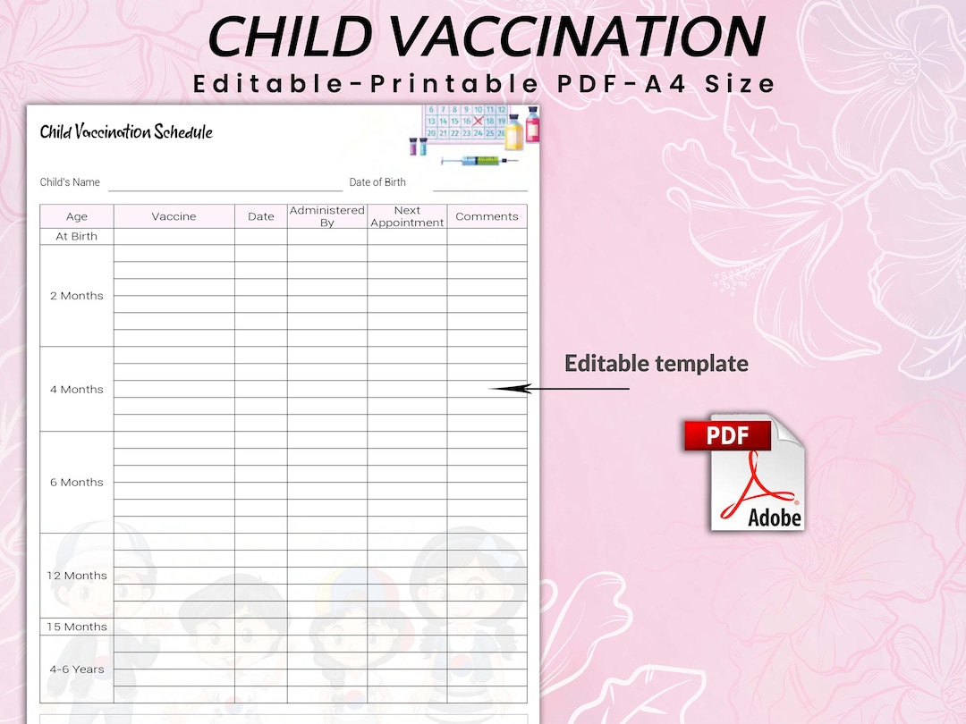 Editable Child Vaccination Record Tracker, Vaccine Log, Immunization ...