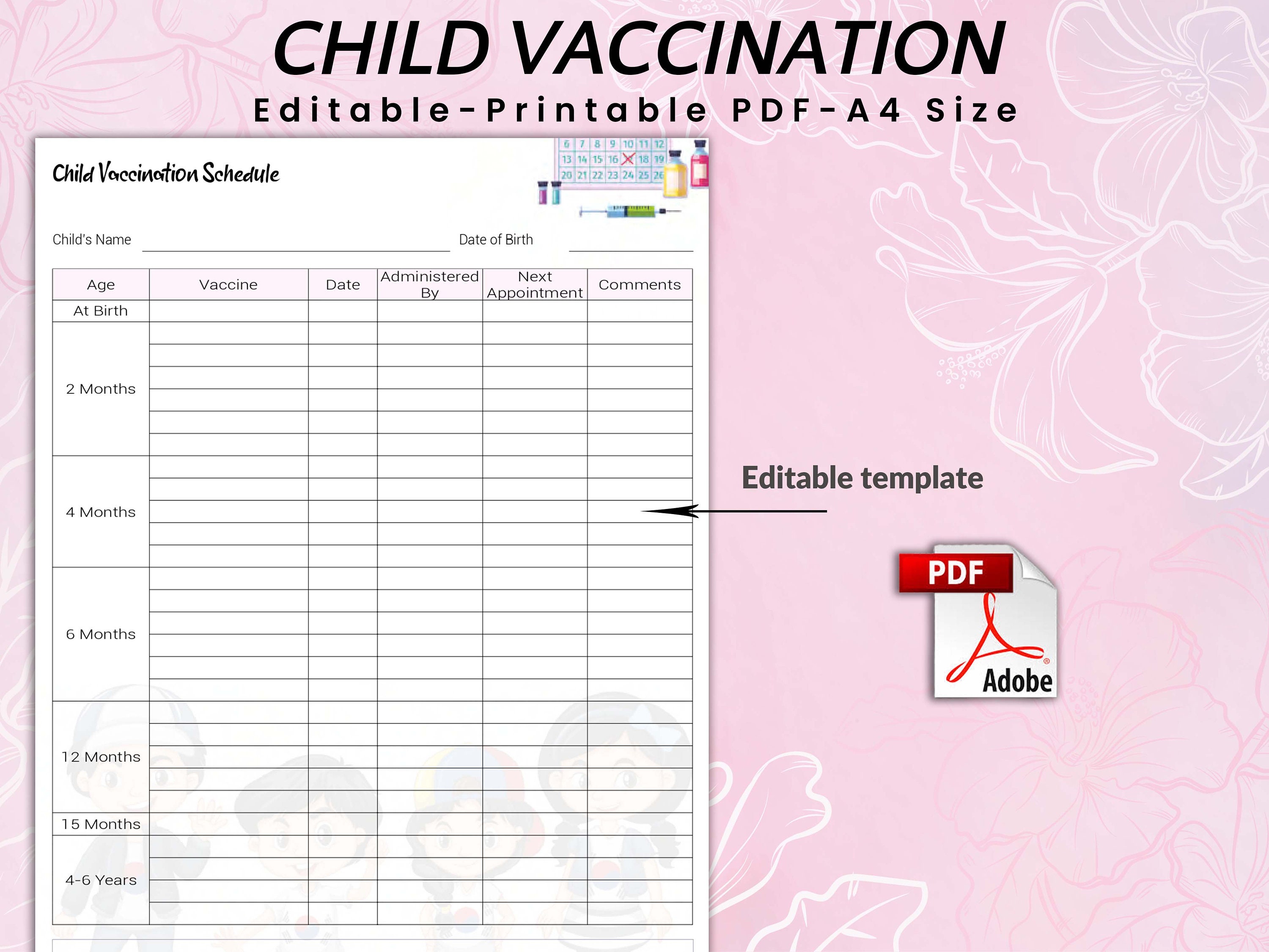 Editable Child Vaccination Record Tracker, Vaccine Log, Immunization ...