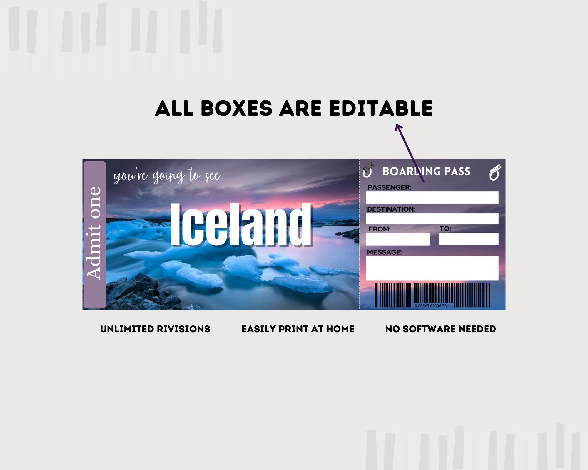 Iceland Trip Ticket Template, Printable Gift Ticket, Editable Ticket ...