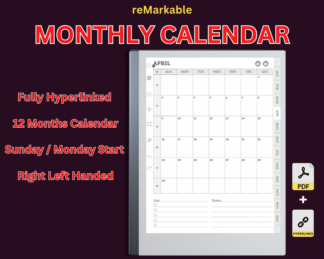 Remarkable Monthly Calendar 2023-2024, Remarkable Template, Remarkable ...
