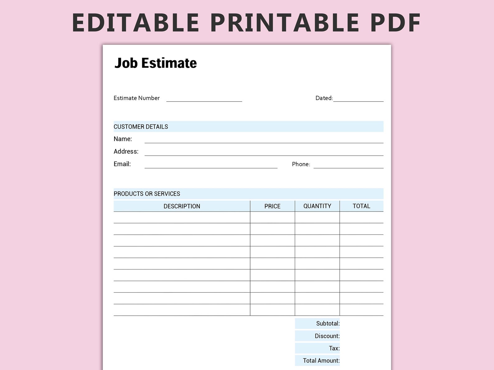 Editable and Printable Estimate Form, Business Job Estimate, Easy and ...