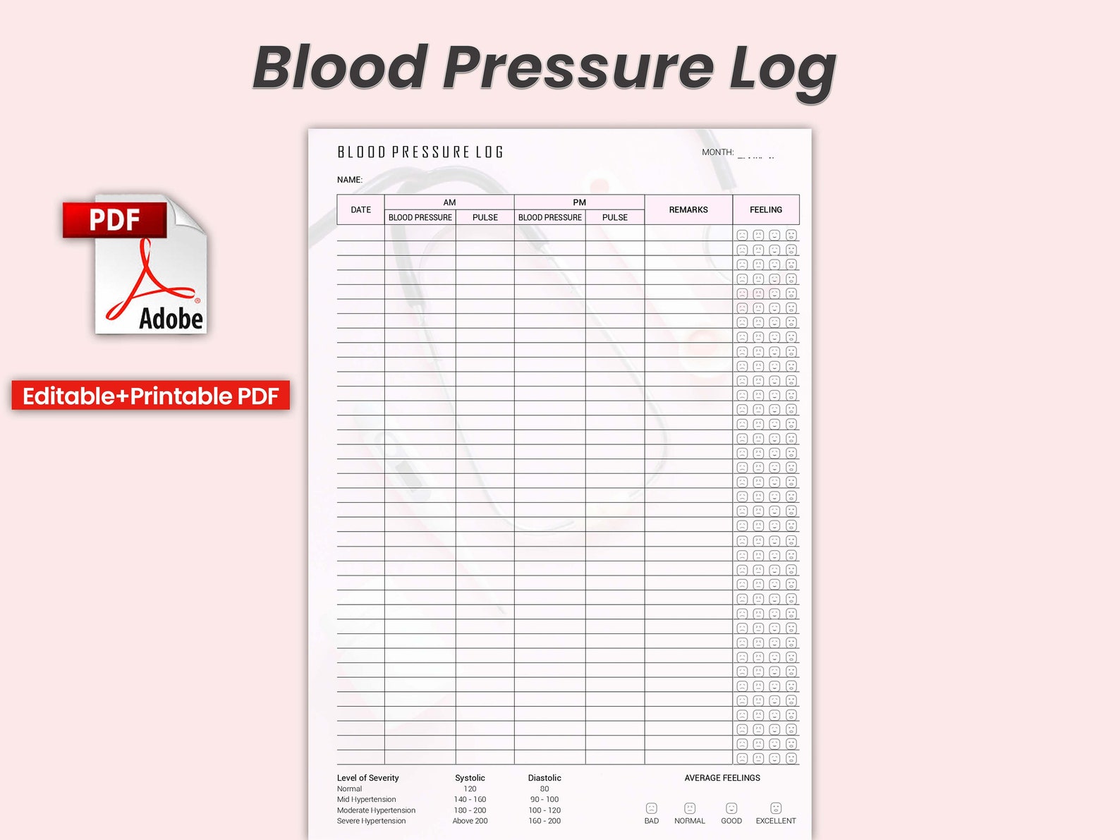 Blood Pressure Log Editable Printable, Monthly Blood Pressure Tracker ...