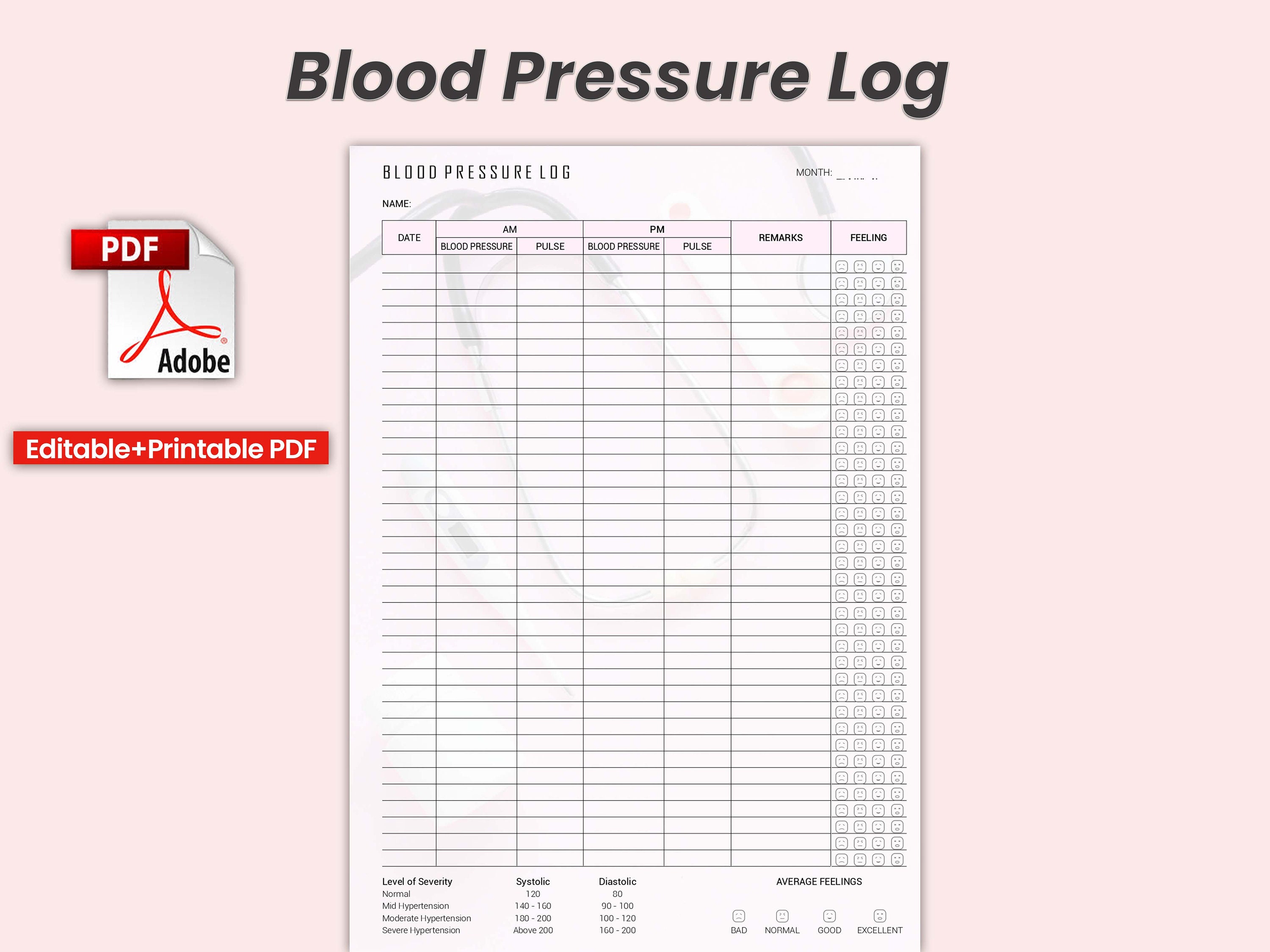 Blood Pressure Log Editable Printable, Monthly Blood Pressure Tracker ...