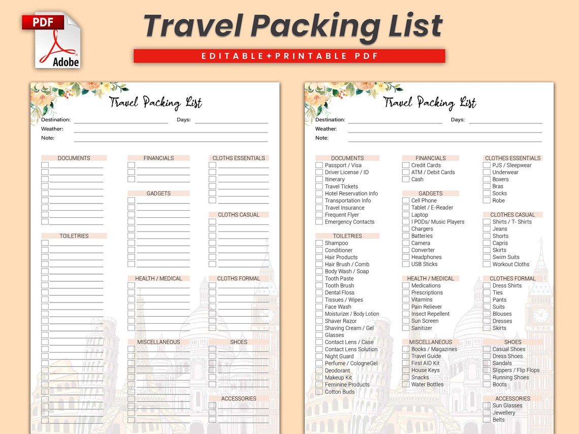 Editable Travel Packing List Travel Packing List Printable - Etsy