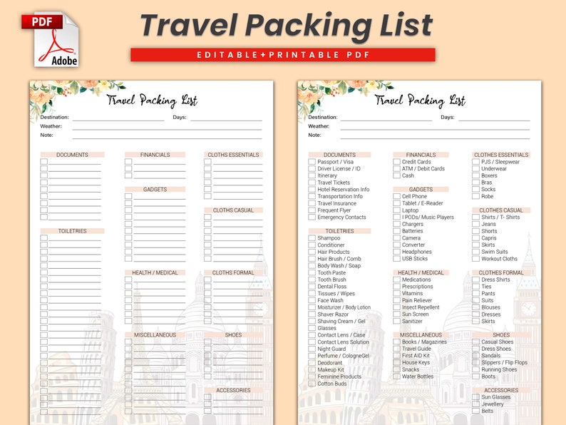 Editable Travel Packing List Travel Packing List Printable - Etsy