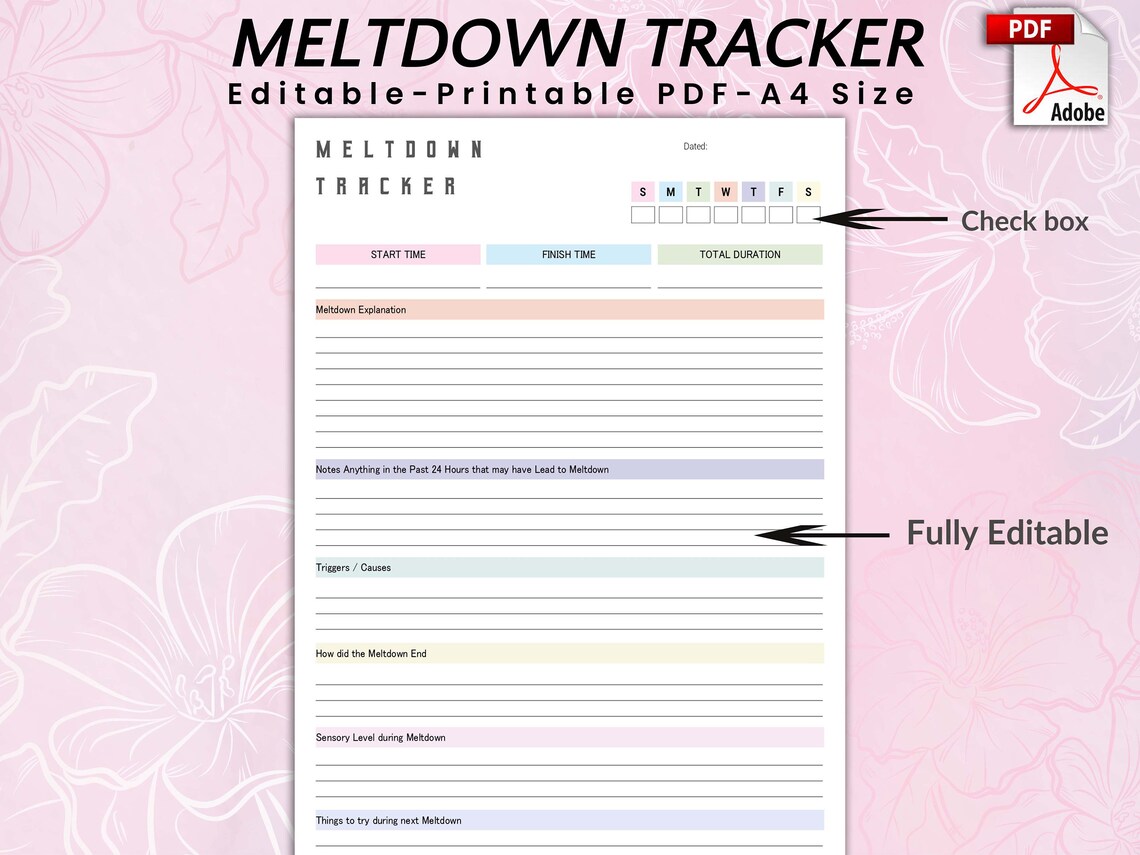 Editable Meltdown Tracker Meltdown and Behaviour Tracker - Etsy