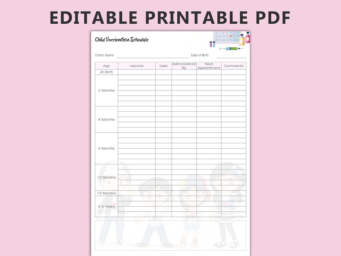 Editable Child Vaccination Record Tracker, Vaccine Log, Immunization ...