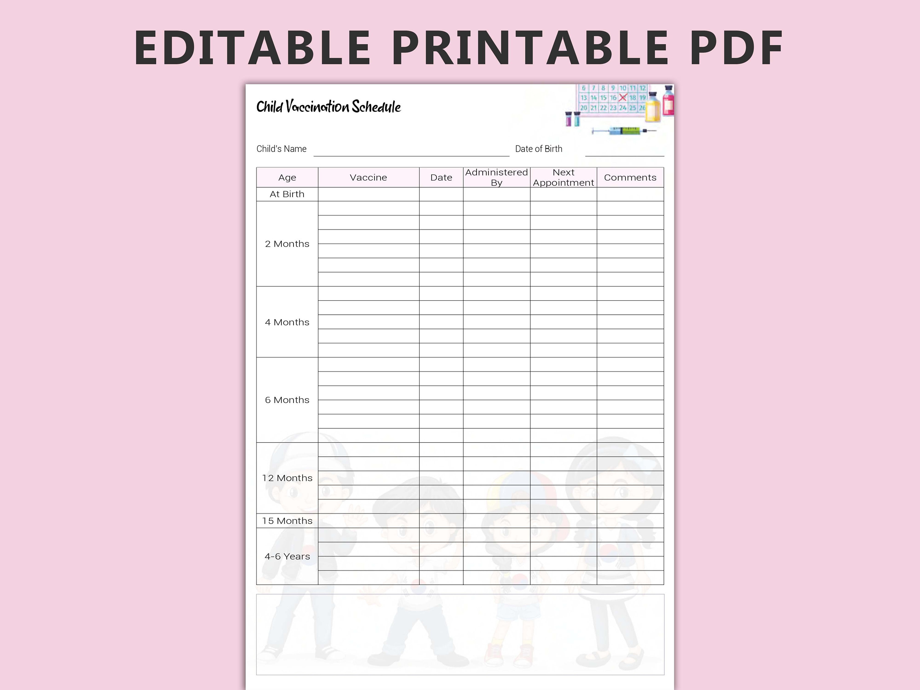 Editable Child Vaccination Record Tracker, Vaccine Log, Immunization ...