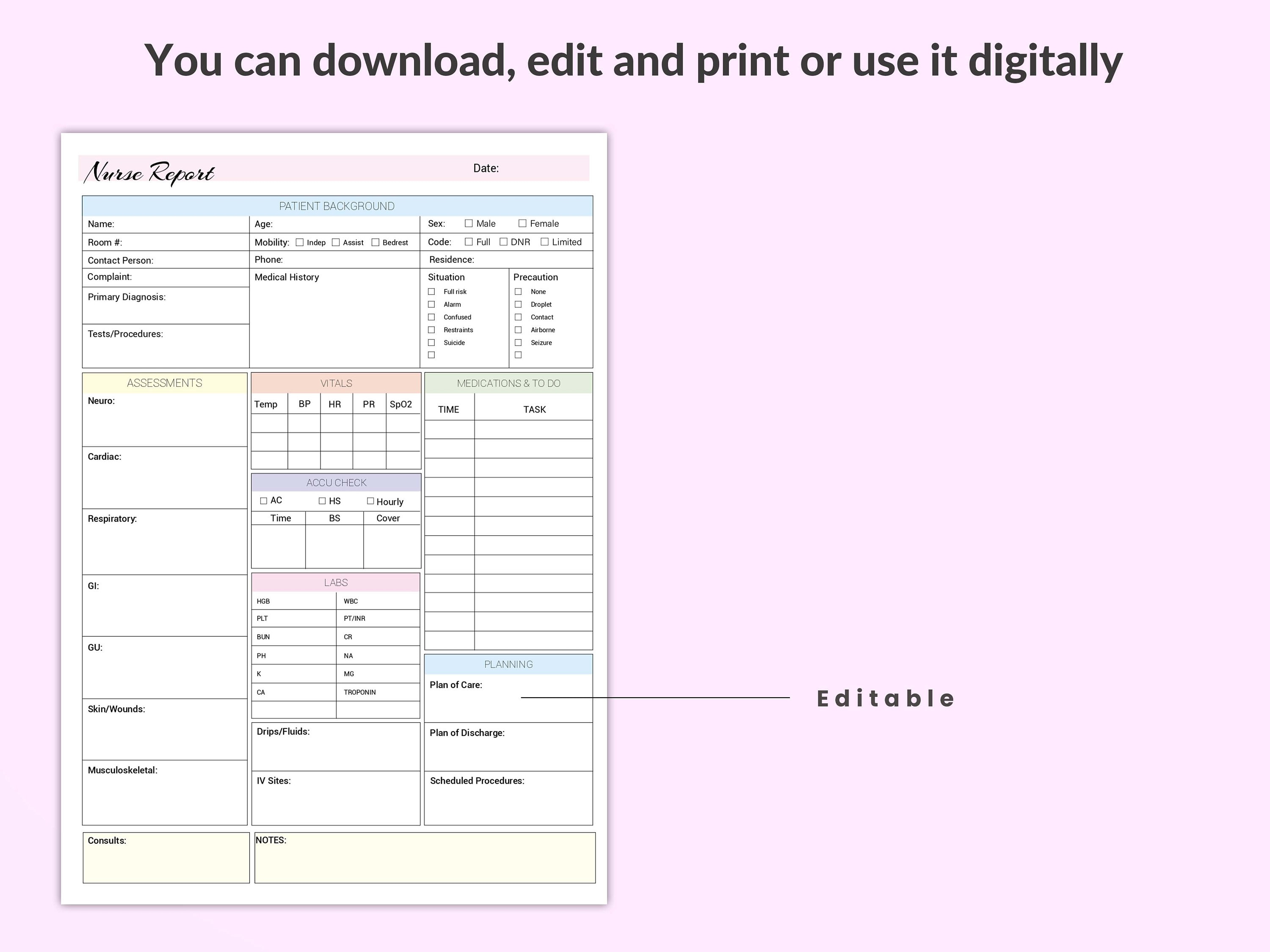 Editable Nursing Report Sheet, Nurse Brain Sheet, Printable Nurse ...
