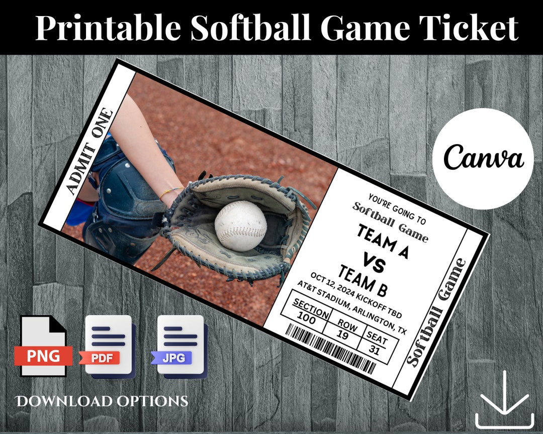Editable Softball Ticket, Softball Tickets, Customizable Softball Game ...