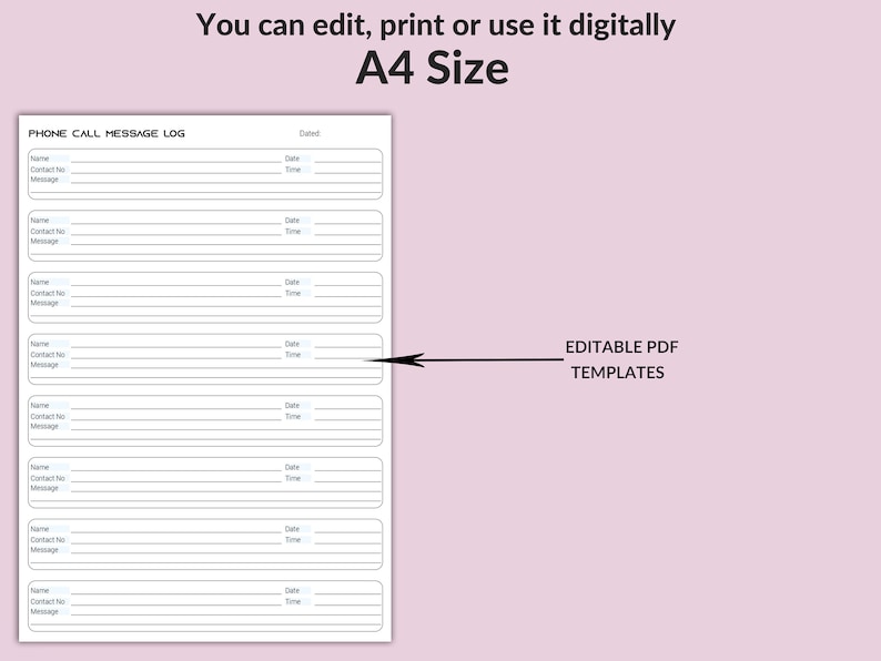 Editable and Printable Phone Message Log, Phone Call Message Log ...