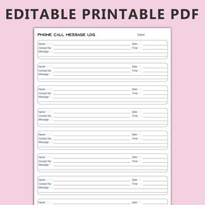 Editable and Printable Phone Message Log, Phone Call Message Log ...