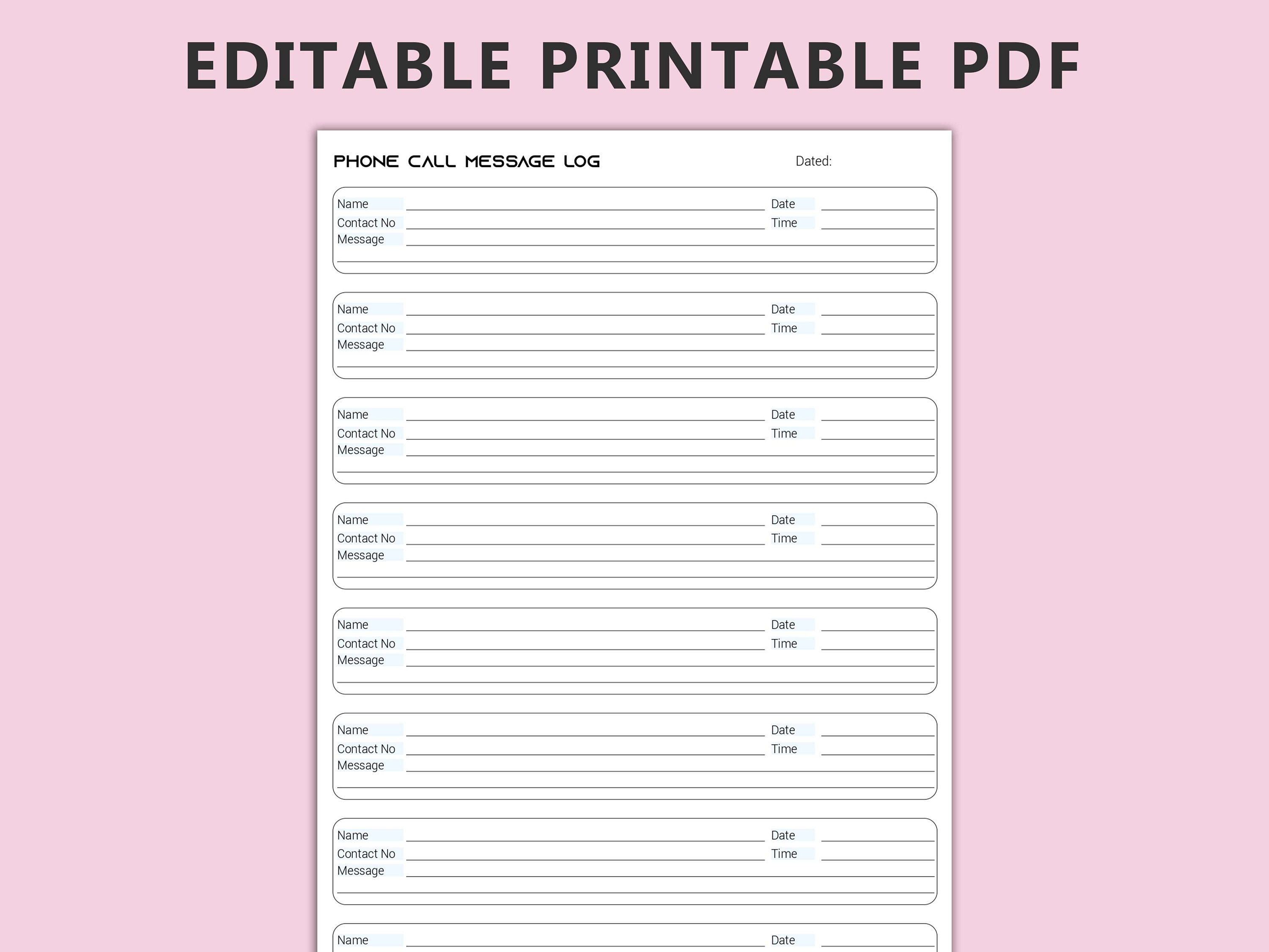 Editable and Printable Phone Message Log, Phone Call Message Log ...