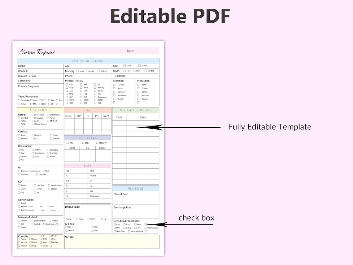 Editable Nursing Report Sheet, Nurse Brain Sheet, Printable Nurse ...