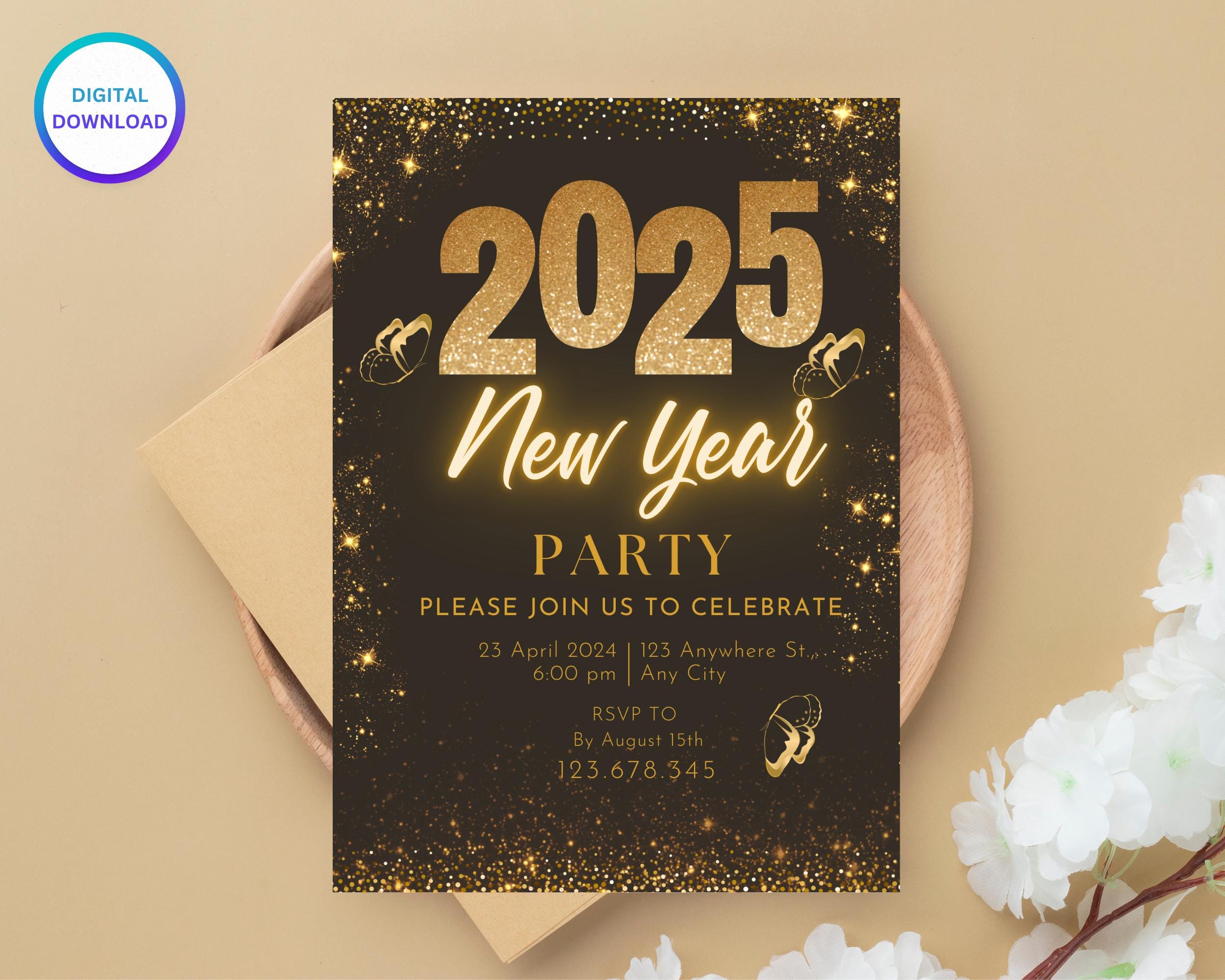 Editable New Year Invitation, 2025 New Year Invitation, Digital New ...