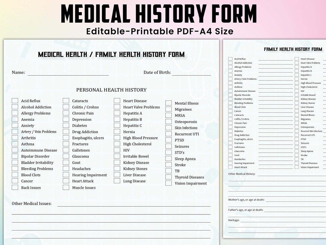 Editable Medical History Form, Family Medical History Form , Medical ...