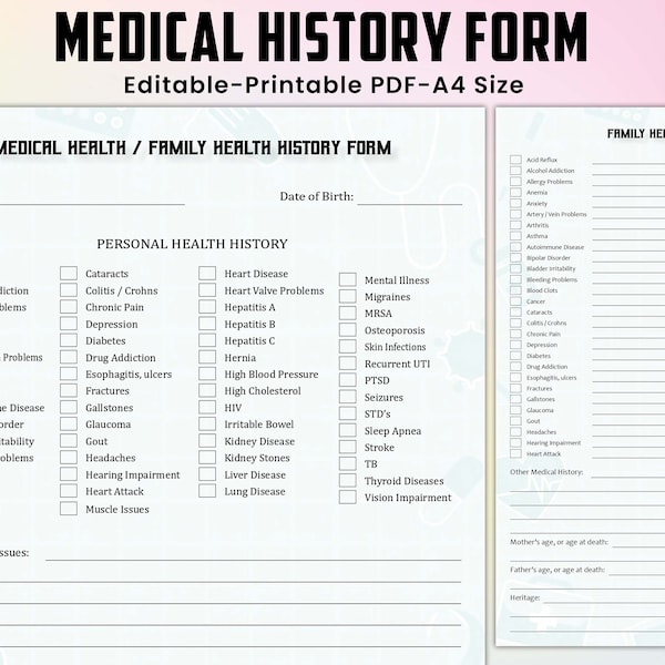Medical Personal History Sheets - Etsy