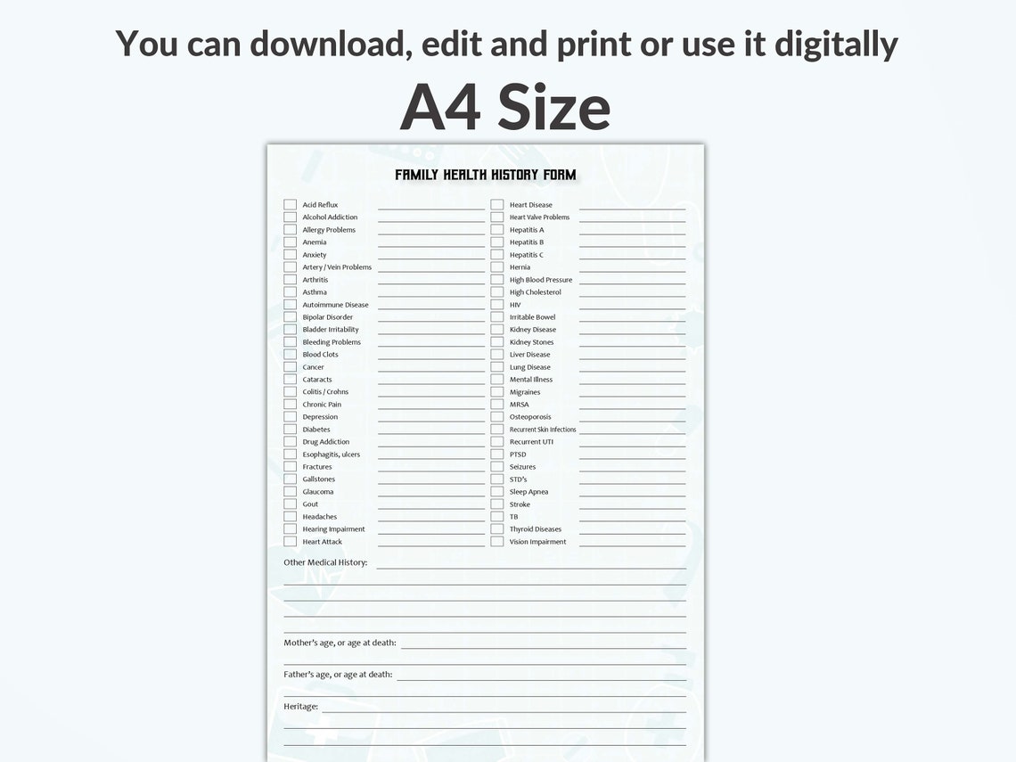 Editable Medical History Form, Family Medical History Form , Medical ...