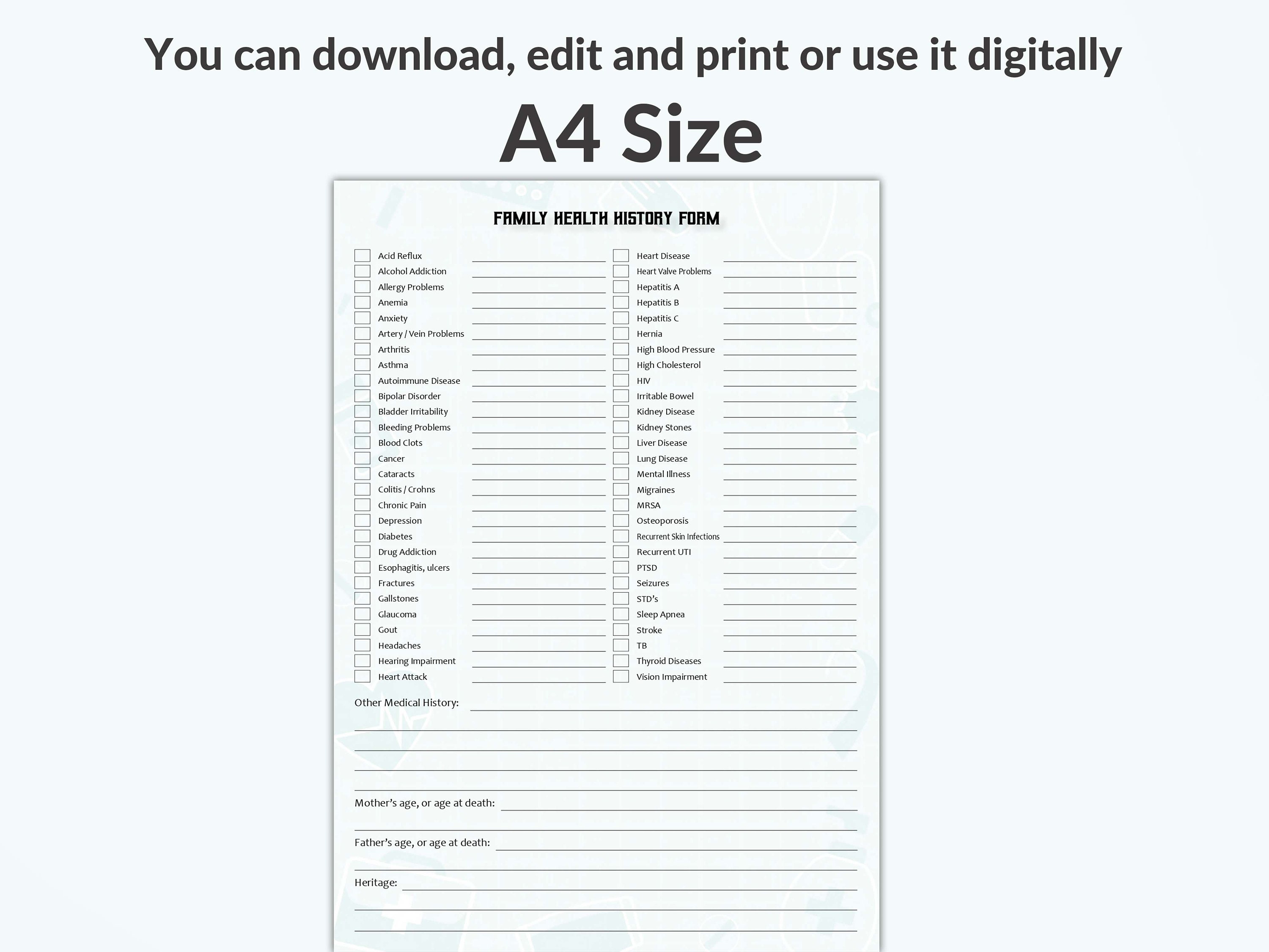 Editable Medical History Form, Family Medical History Form , Medical ...