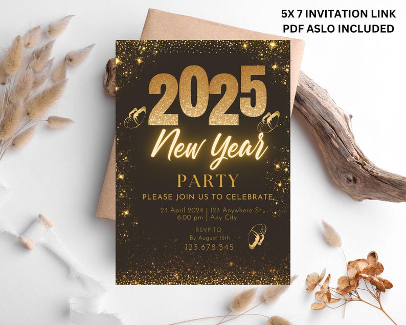 Editable New Year Invitation, 2025 New Year Invitation, Digital New ...