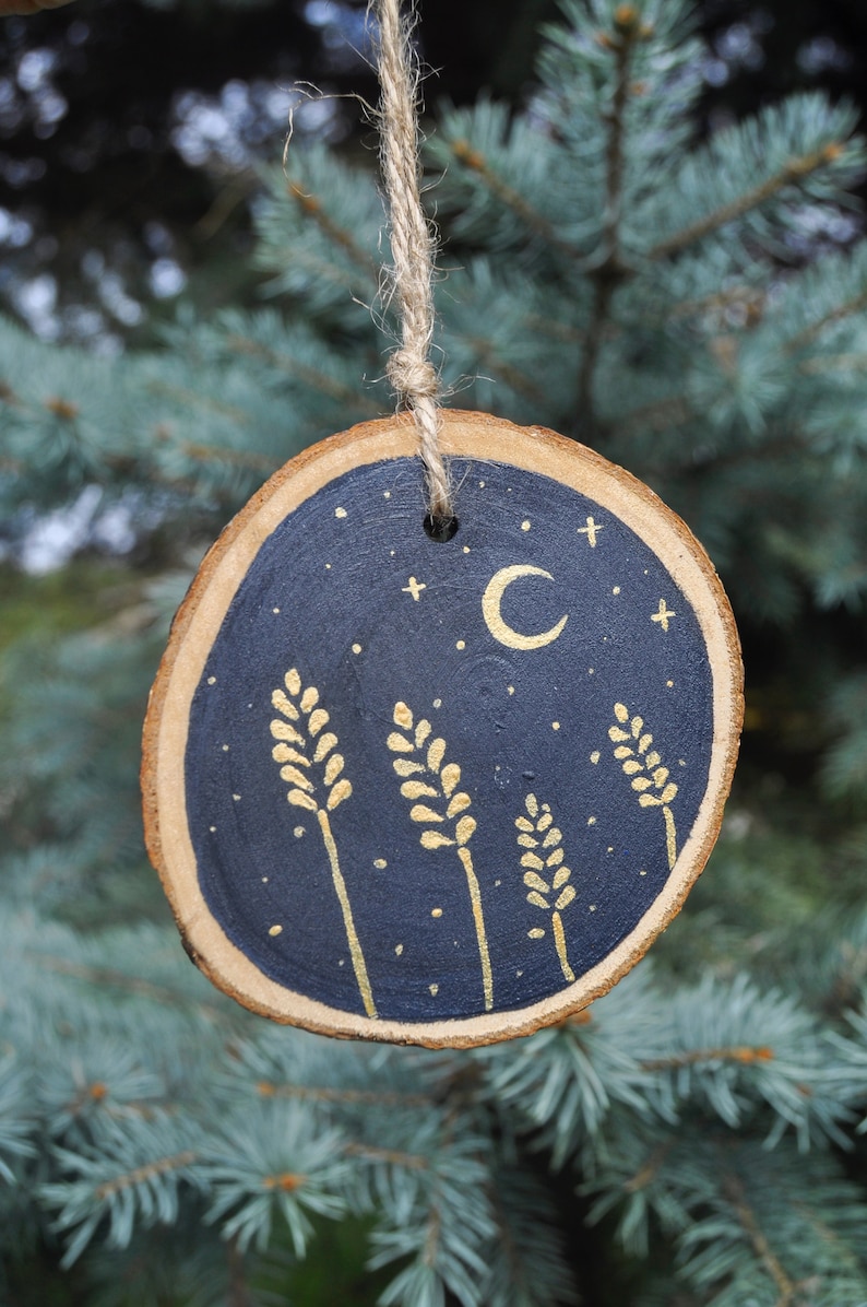 Celestial Christmas Ornament: Hand-painted Gold Design on Wood Slice - Etsy