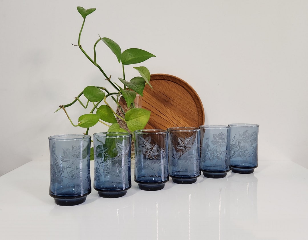 Vintage Blue Glass Cups Libbey Etched Juice Glasses 1970s Etsy