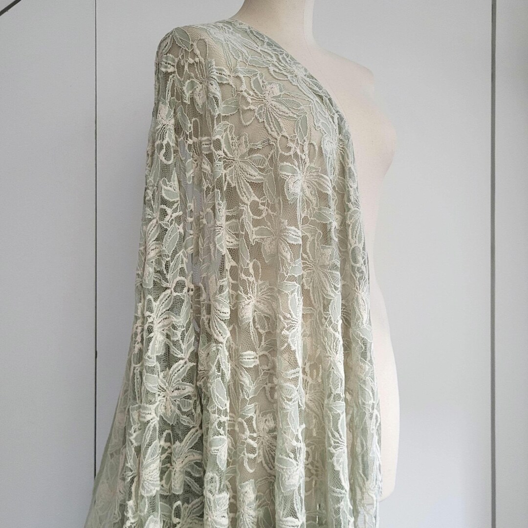 Vintage Embroidered Floral Lace Fabric: Soft Sage Green Bridal Yardage ...