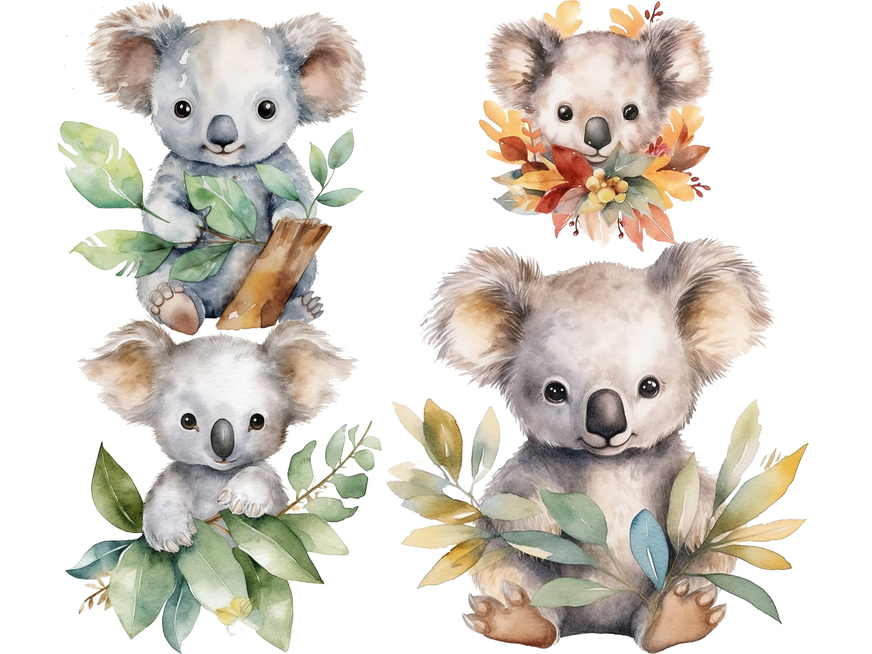 8 Koalas Watercolor Clipart, Cute Koala Baby Shower Graphics, Koala ...