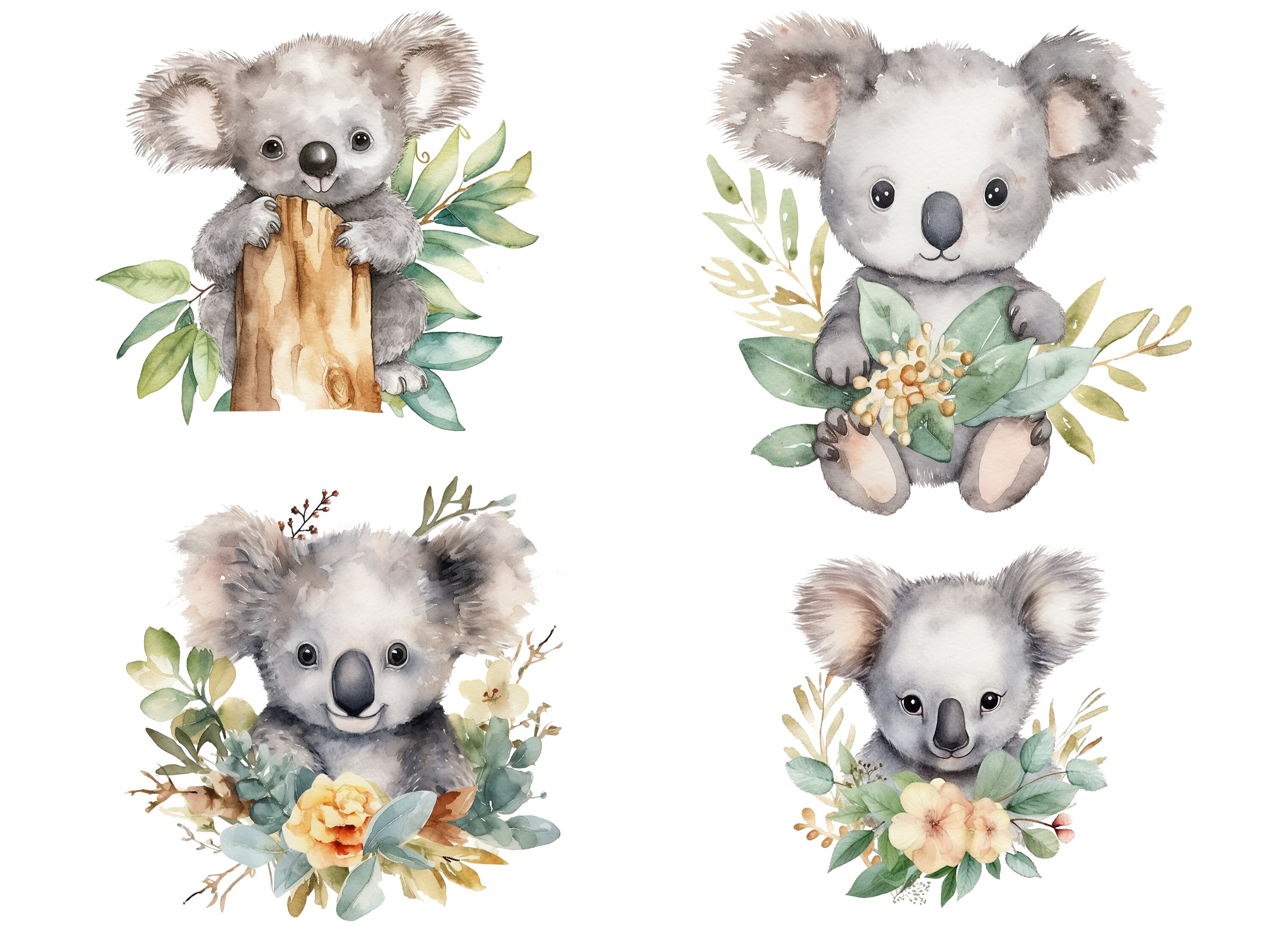 8 Koalas Watercolor Clipart, Cute Koala Baby Shower Graphics, Koala ...