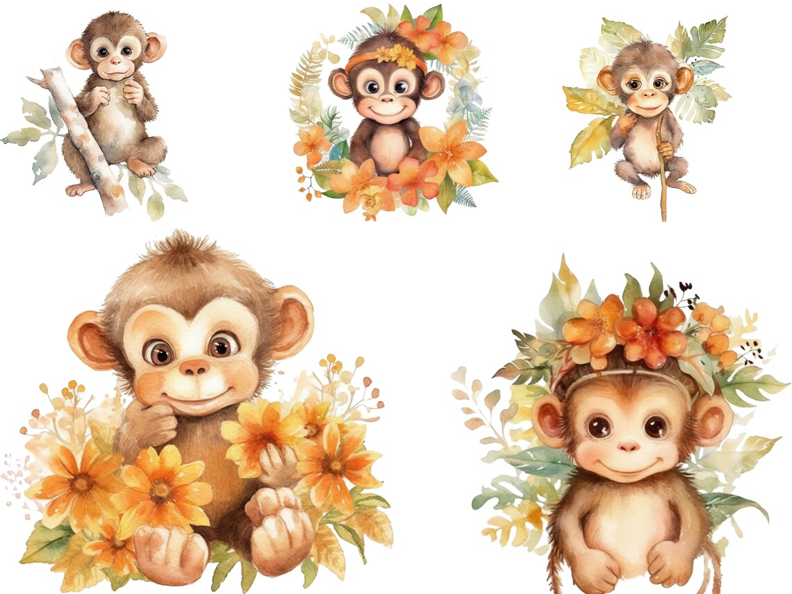 25 Monkey Watercolor Clipart Cute Monkey Baby Shower - Etsy