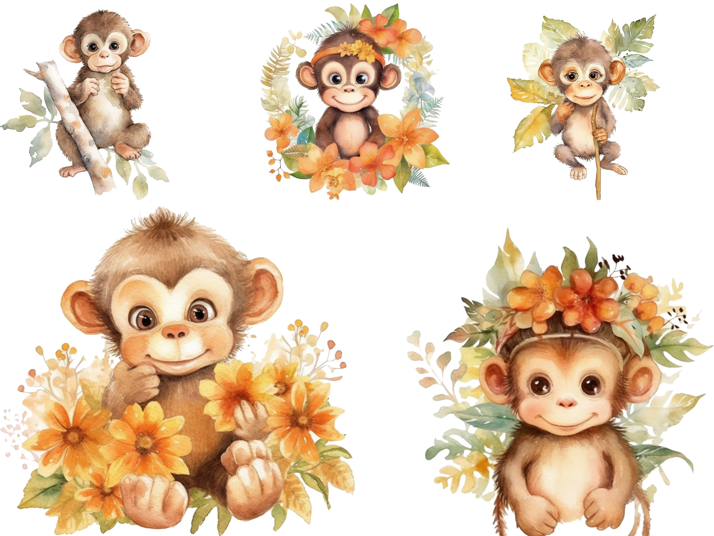 25 Monkey Watercolor Clipart, Cute Monkey Baby Shower Graphics, Monkey ...
