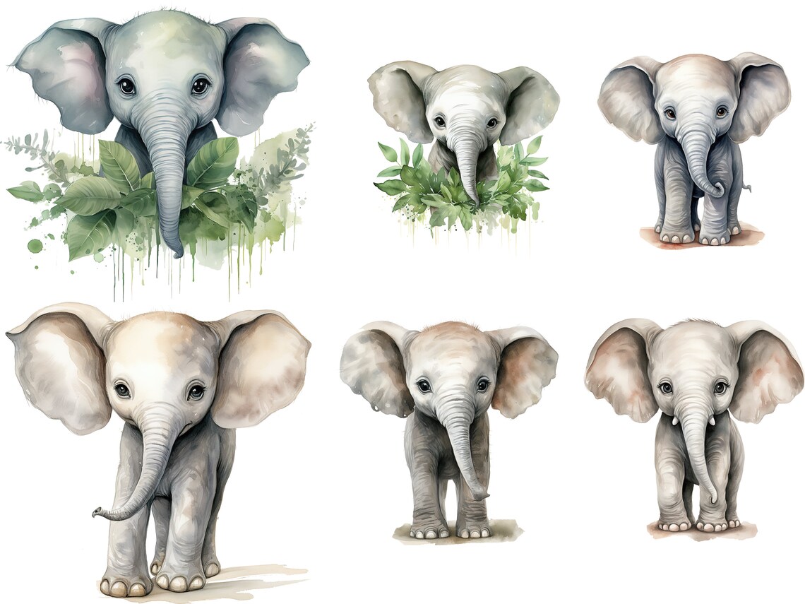16 Baby Elephant Watercolor Clipart, Cute Elephant Baby Shower Graphics ...