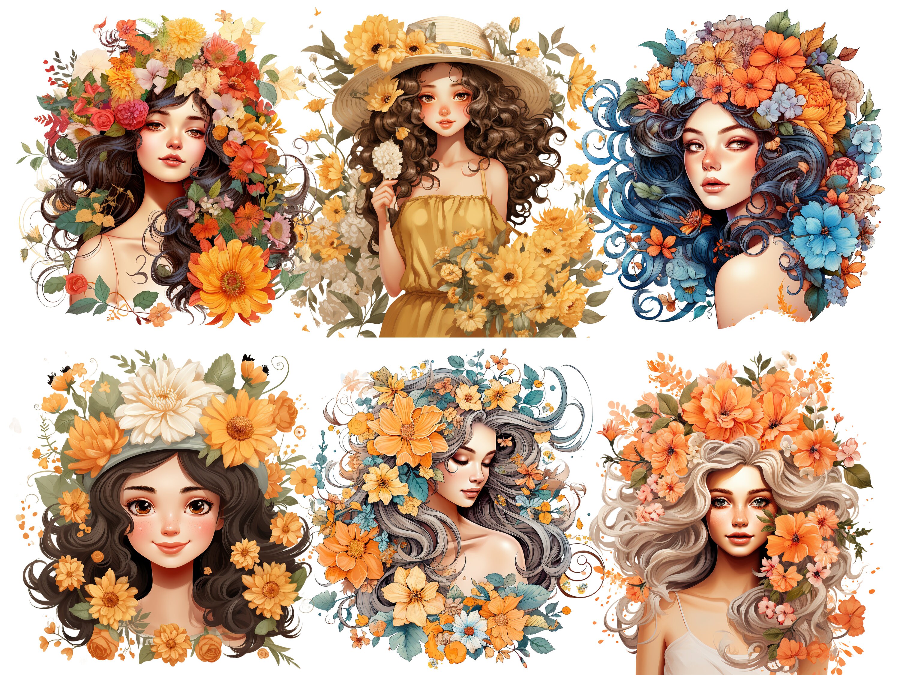 20 Summer Girls Floral Clipart, Watercolor Clipart, Flower Girl Clipart ...