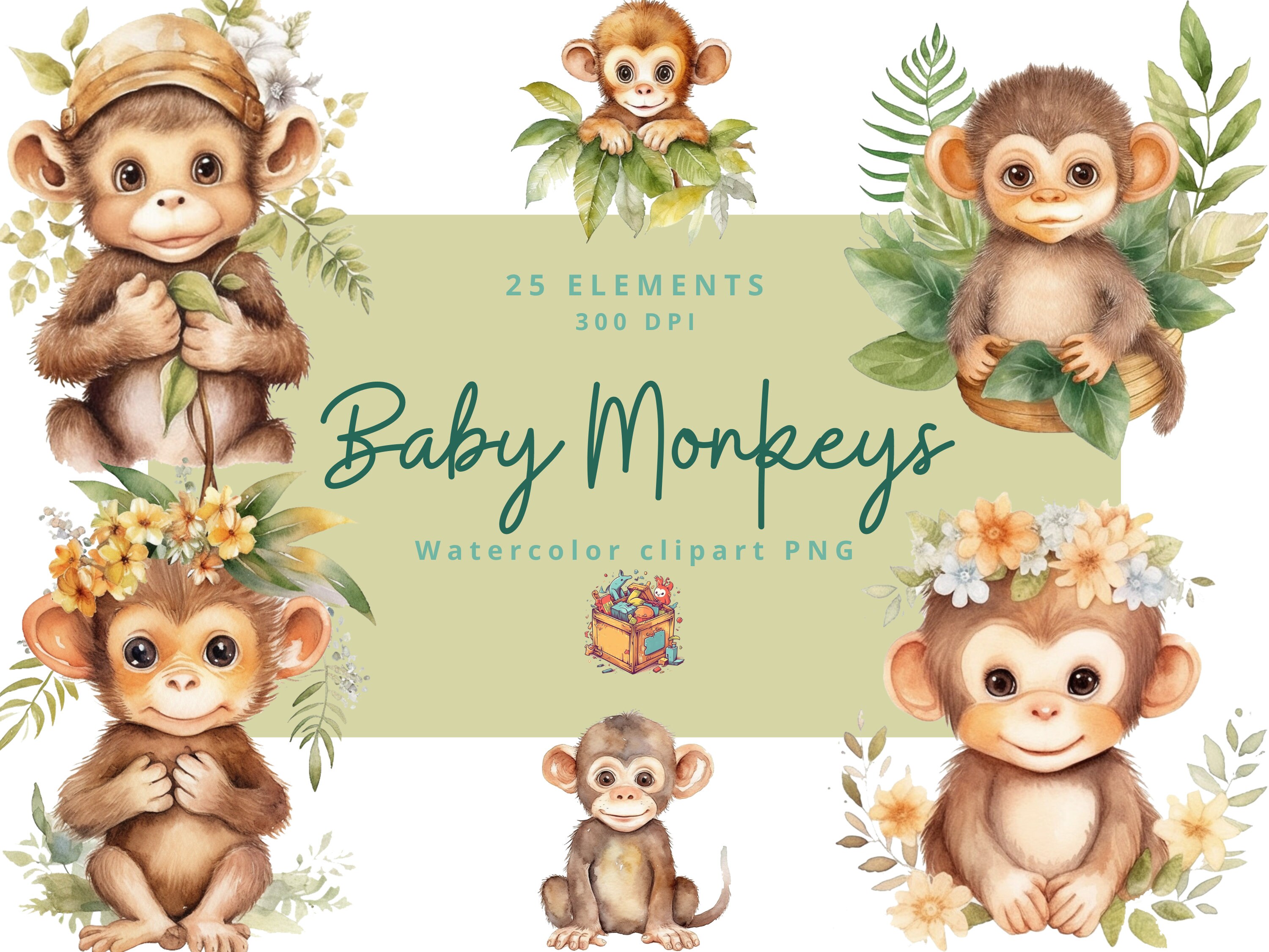 25 Monkey Watercolor Clipart, Cute Monkey Baby Shower Graphics, Monkey ...