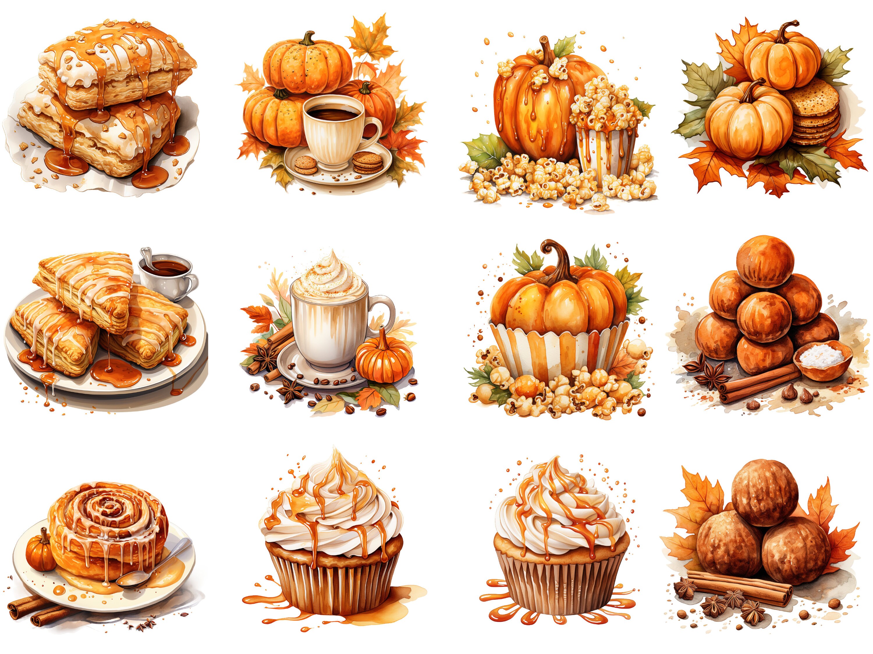 60 Pumpkin Spice Watercolor Clipart Bundle, Autumn Pumpkin Clipart PNG ...