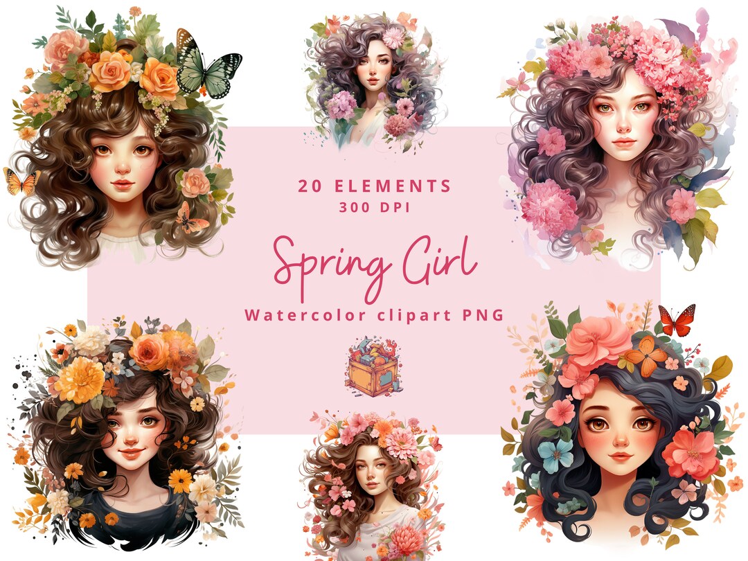 20 Spring Girls Floral Clipart, Watercolor Clipart, Flower Girl Clipart ...