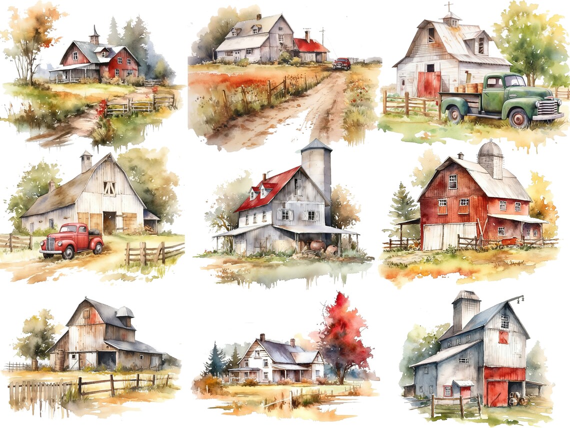 35 Farm Barns Clipart PNG Sublimation Bundle, Transparent Landscape ...
