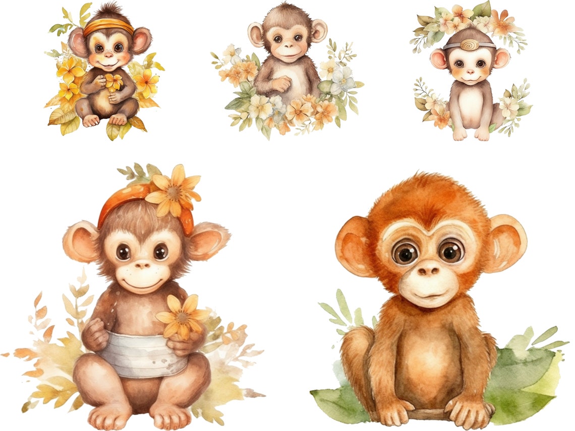 25 Monkey Watercolor Clipart Cute Monkey Baby Shower - Etsy