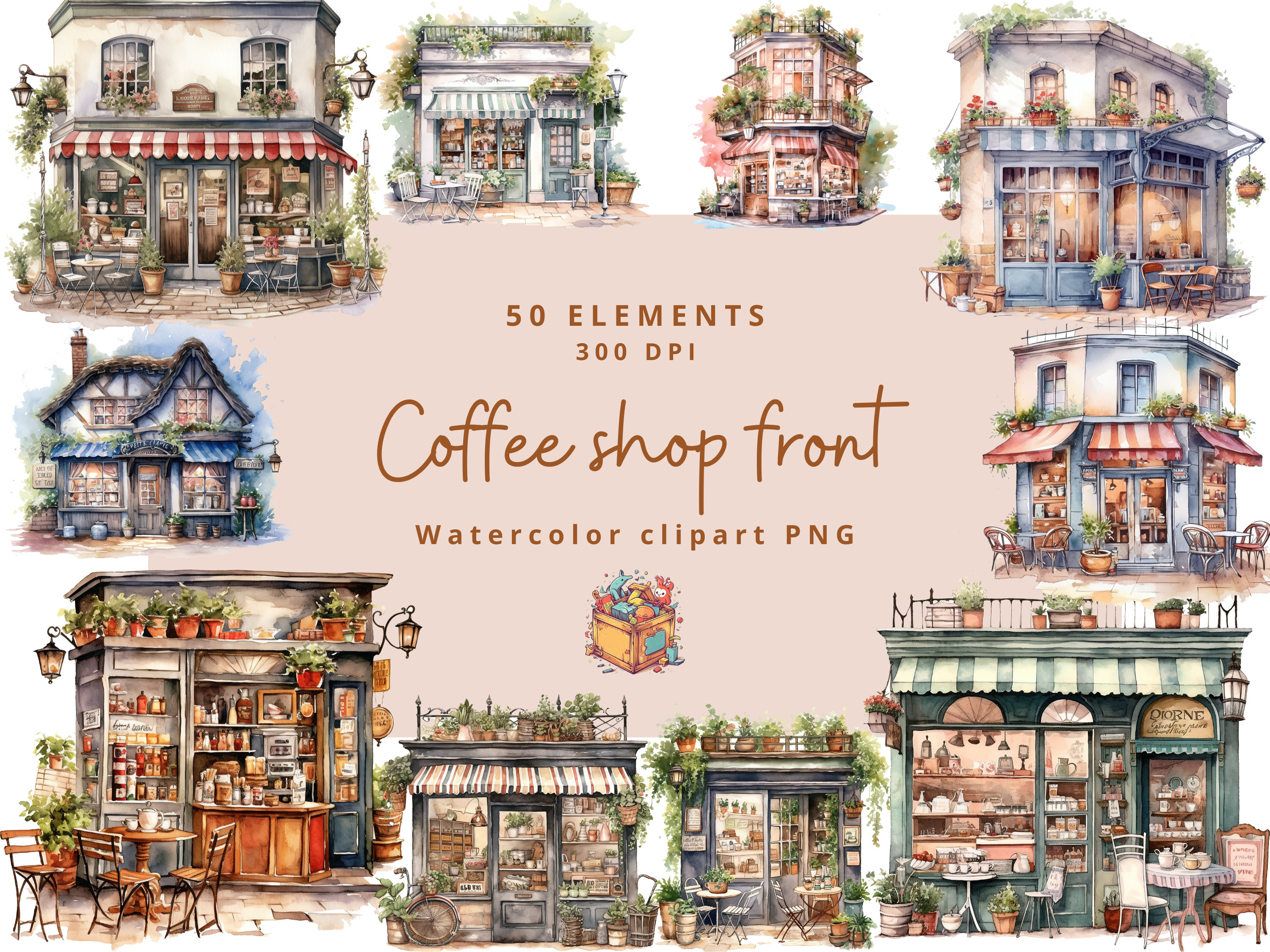 50 Spring Coffee Shop Clipart, Cafe Clip Art, Png. Digital Watercolor ...