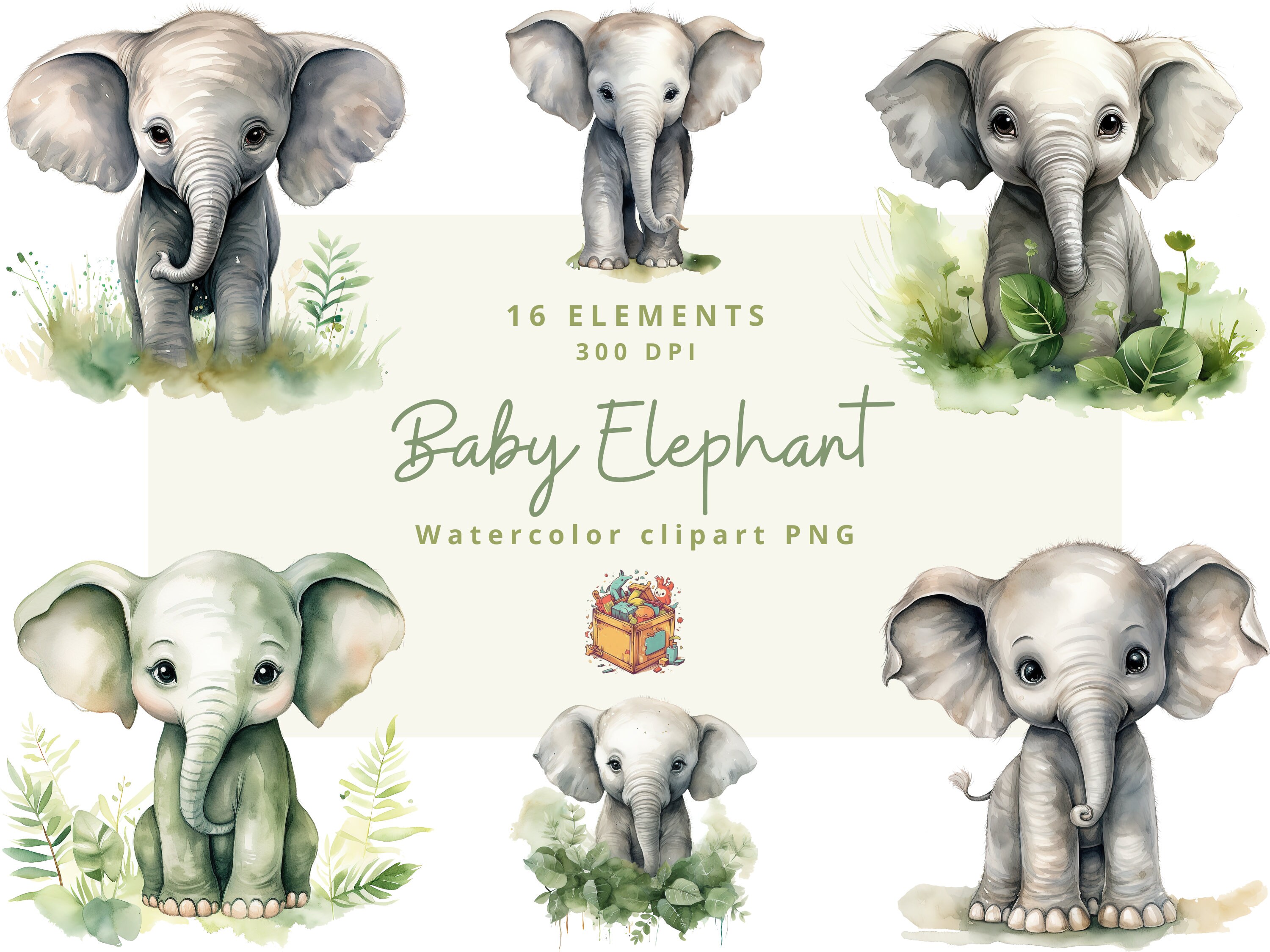 16 Baby Elephant Watercolor Clipart, Cute Elephant Baby Shower Graphics ...