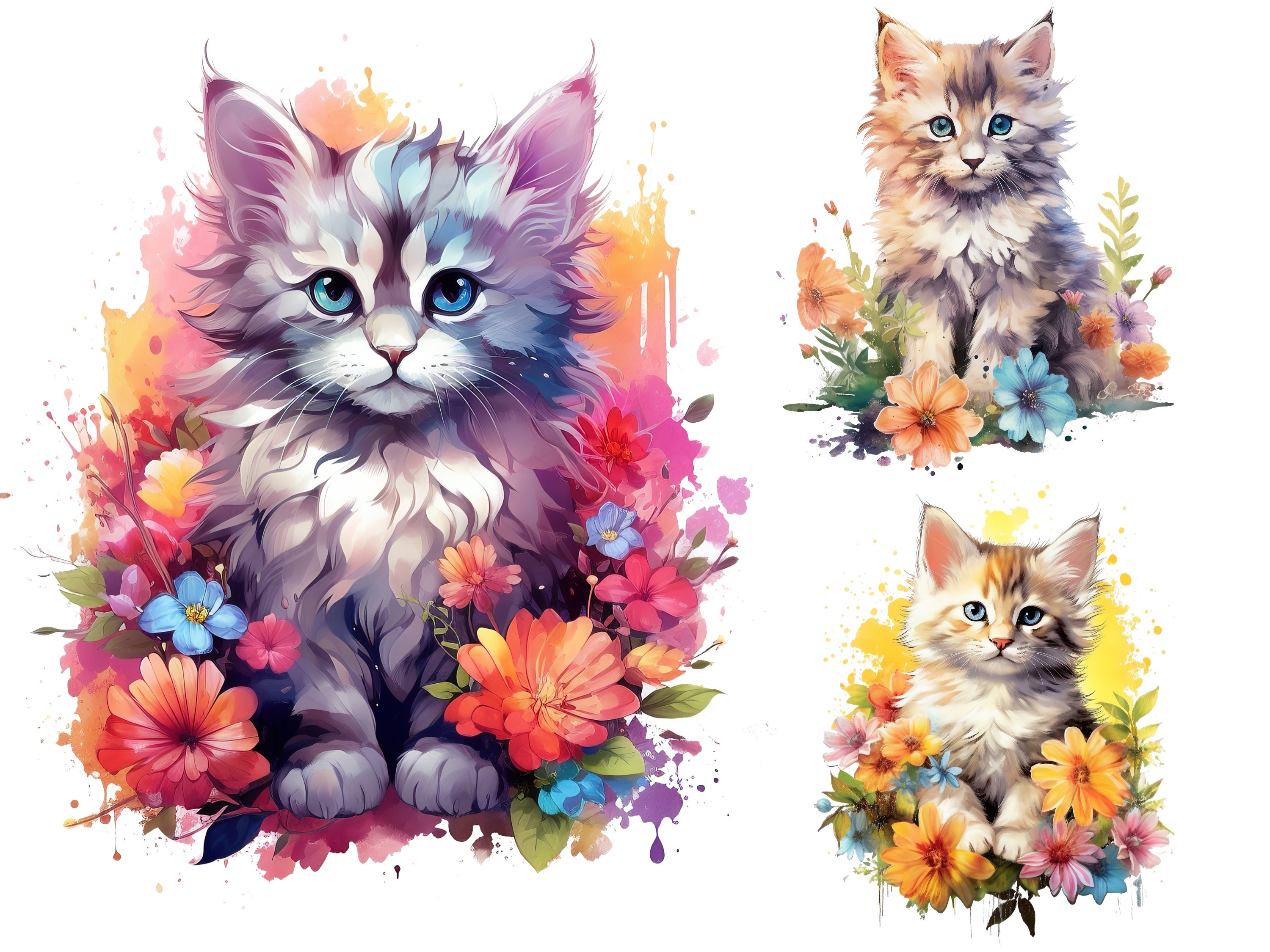 18 Floral Cats Watercolor Clipart, Cute Cat Baby Shower Graphics, Cats ...