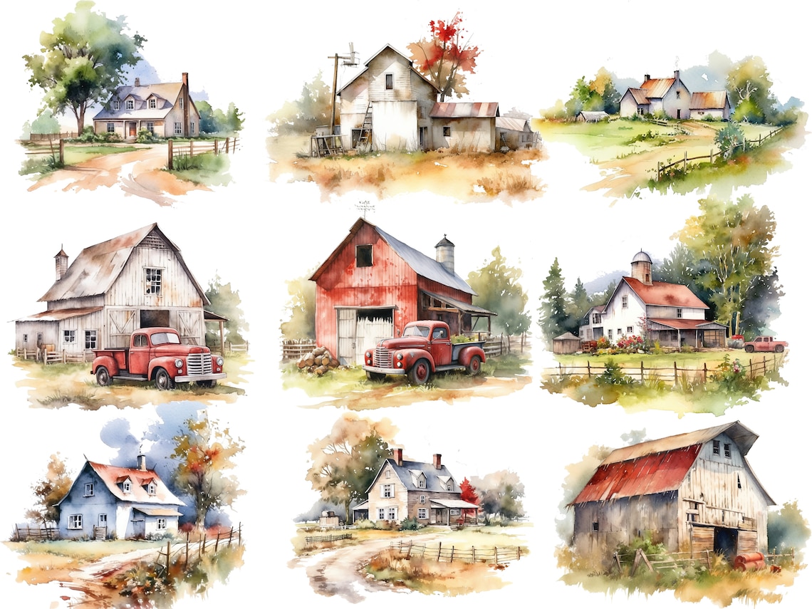 35 Farm Barns Clipart PNG Sublimation Bundle, Transparent Landscape ...