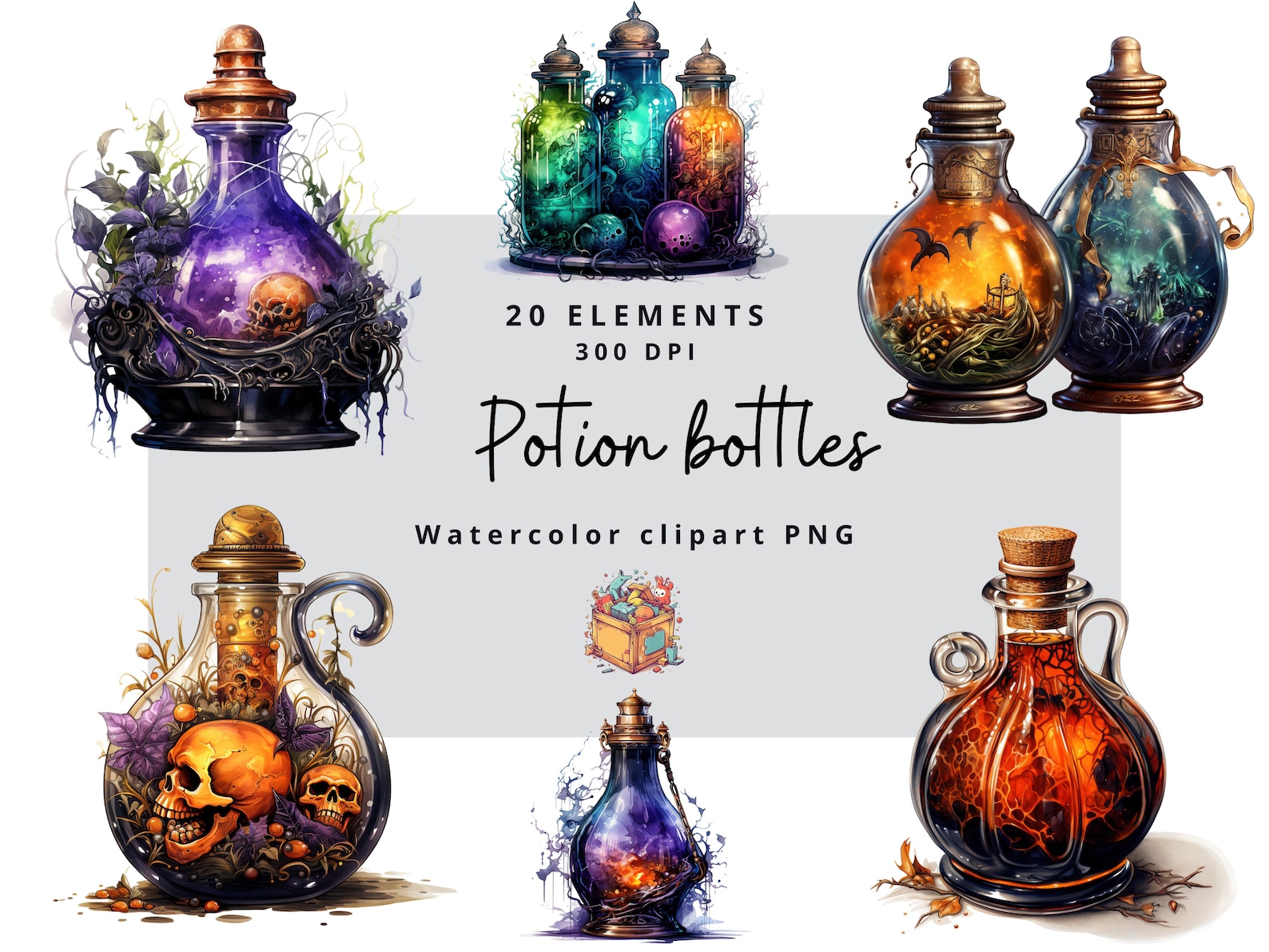 20 Halloween Potion Bottles Watercolor Clipart, Halloween Bottle ...